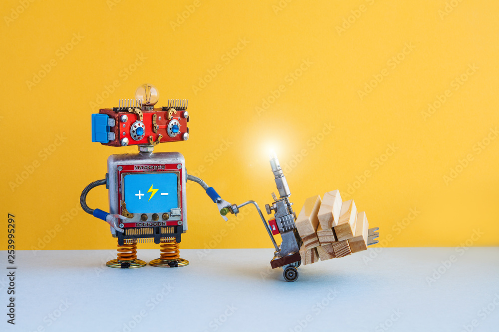 Robot moving powered pallet jack with wooden blocks. Forklift cart ...