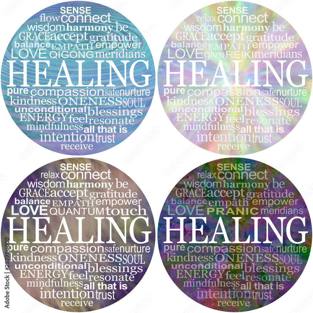Set of four circular print ready word cloud healing coasters - four ...