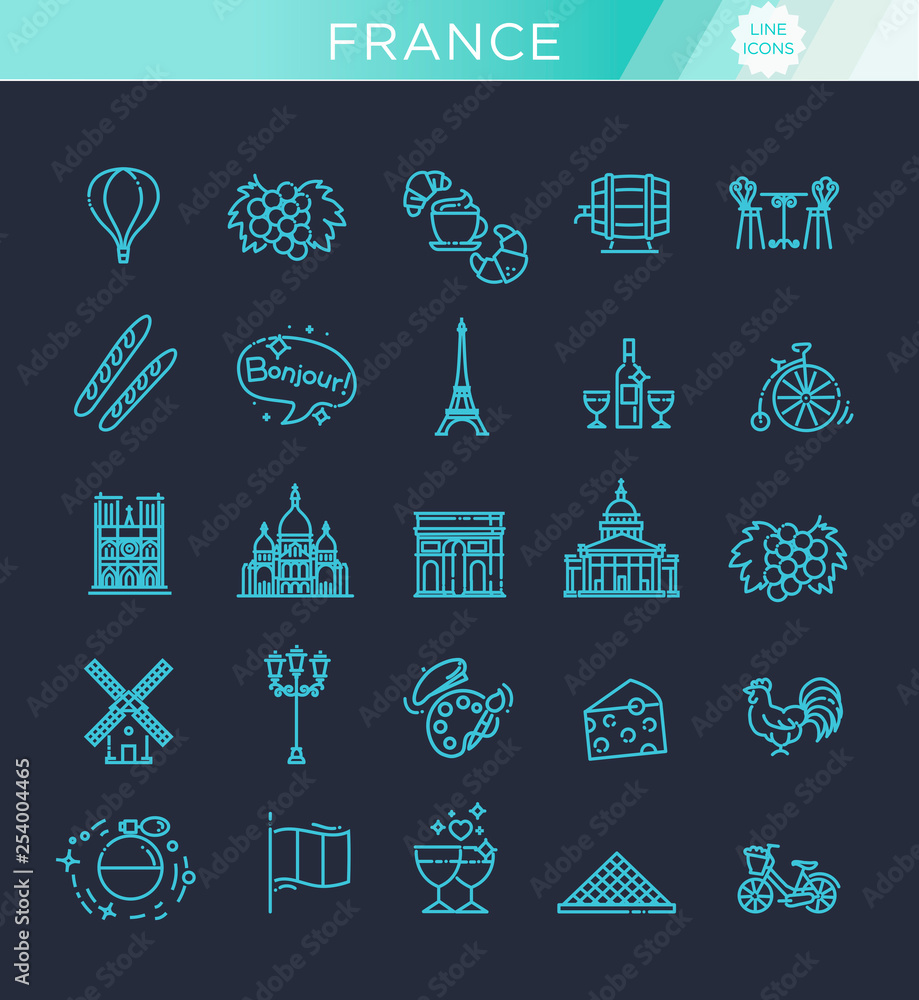 France Icons Set.France Illustration.France Flat Symbols.Paris Design ...