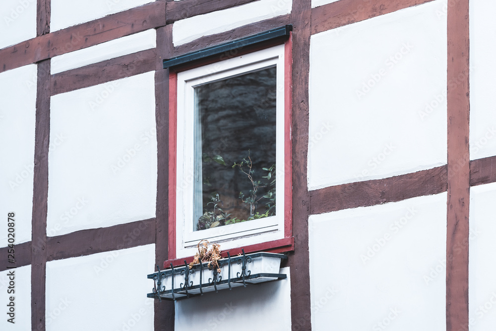 single window of a timber framed house with red frame and a pot for ...