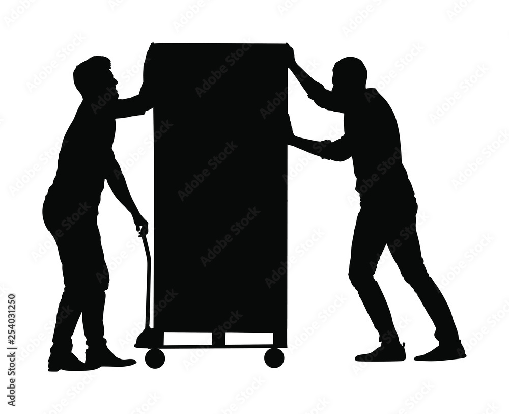 Hard workers pushing wheelbarrow and carry big box vector silhouette ...