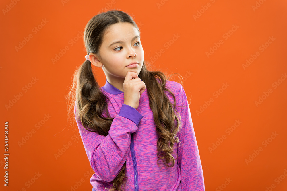 Count in mind. Kid thoughtful face make decision. Child cute pensive ...