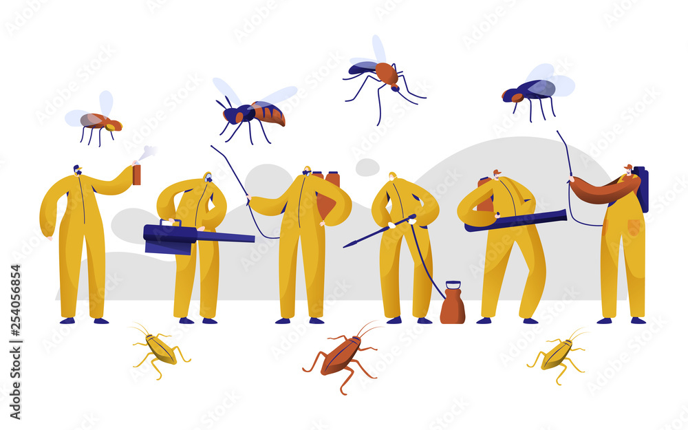 Mosquito Pest Control Professional Character Set. Man in Uniform Fight ...