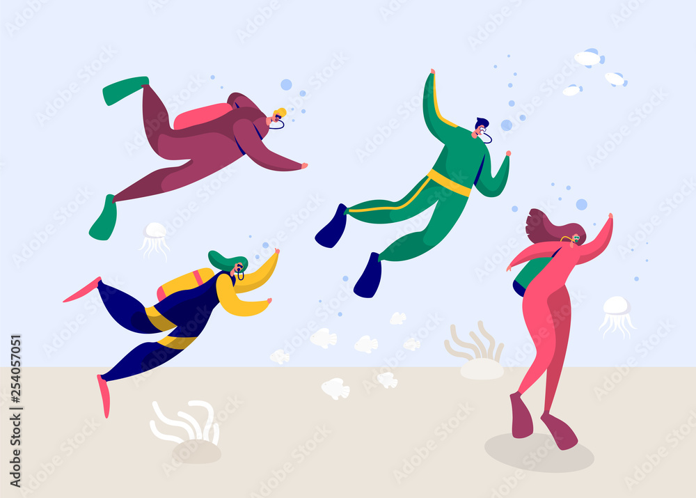 Underwater Scuba Diver Man and Woman Diving in Sea. People Deep Dive ...