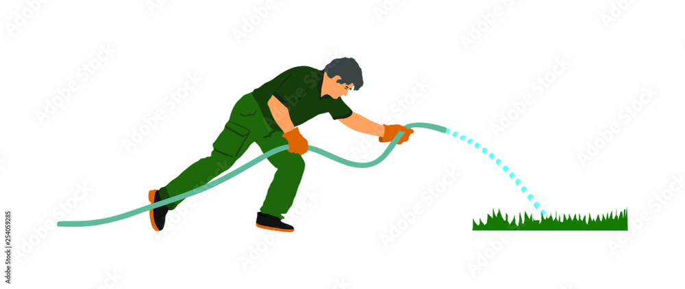 Landscaper watering grass in park vector illustration isolated on white ...