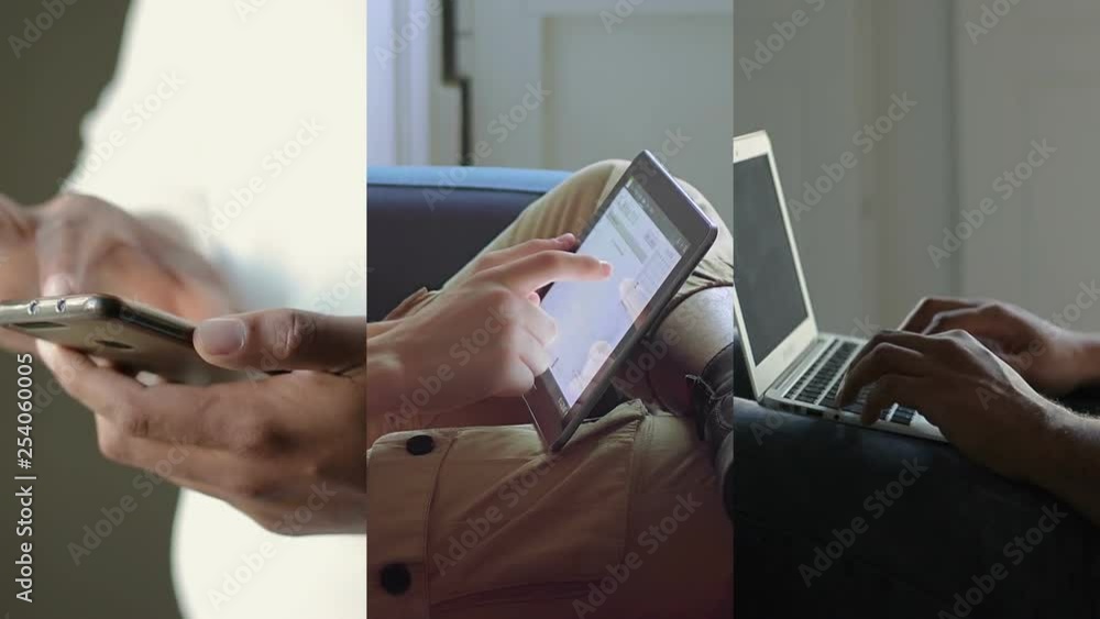 Collage of male hands typing on smartphone, laptop, swiping information ...