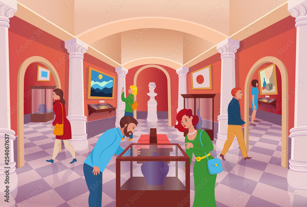 Museum art gallery with people vector cartoon interior. Stock Vector ...