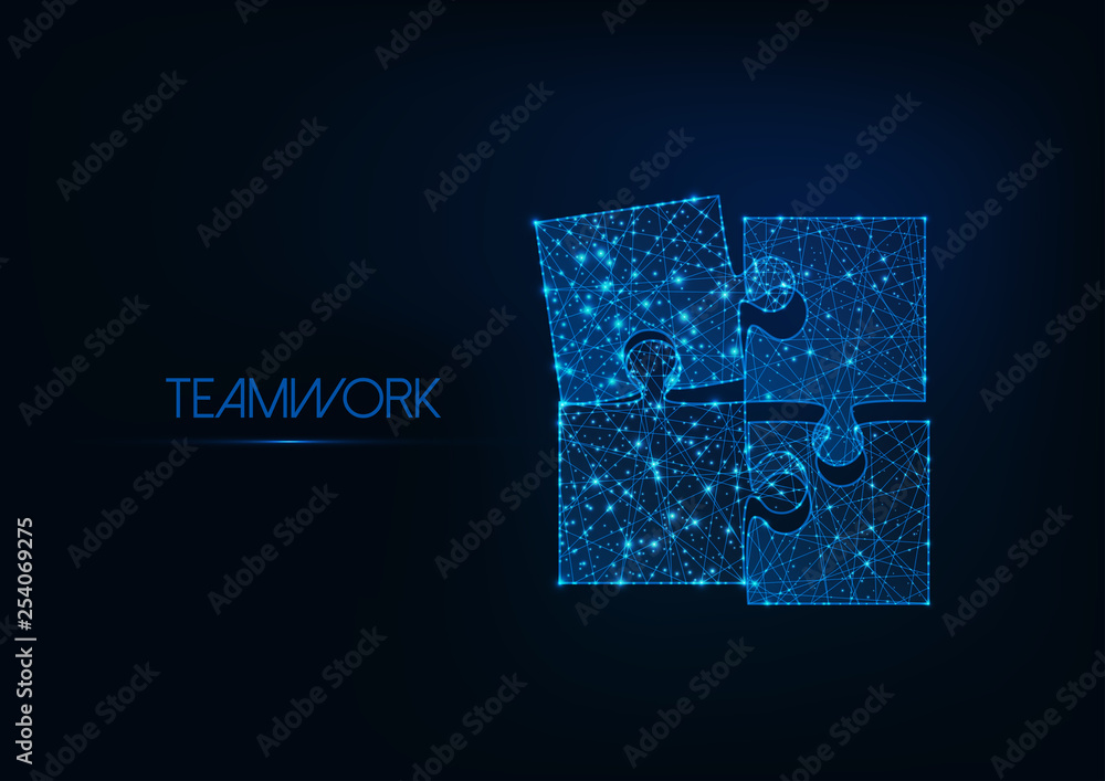 Teamwork concept with four glowing low poly jigsaw puzzle pieces on ...