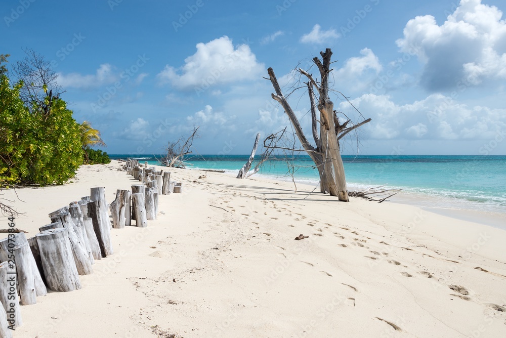 A tropical beach with white sand and clear blue ocean. There is a line ...