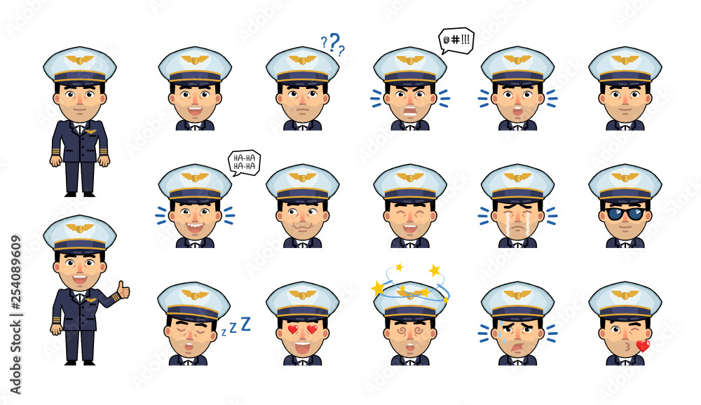 Set of airline pilot emoticons. Funny captain emojis showing various ...