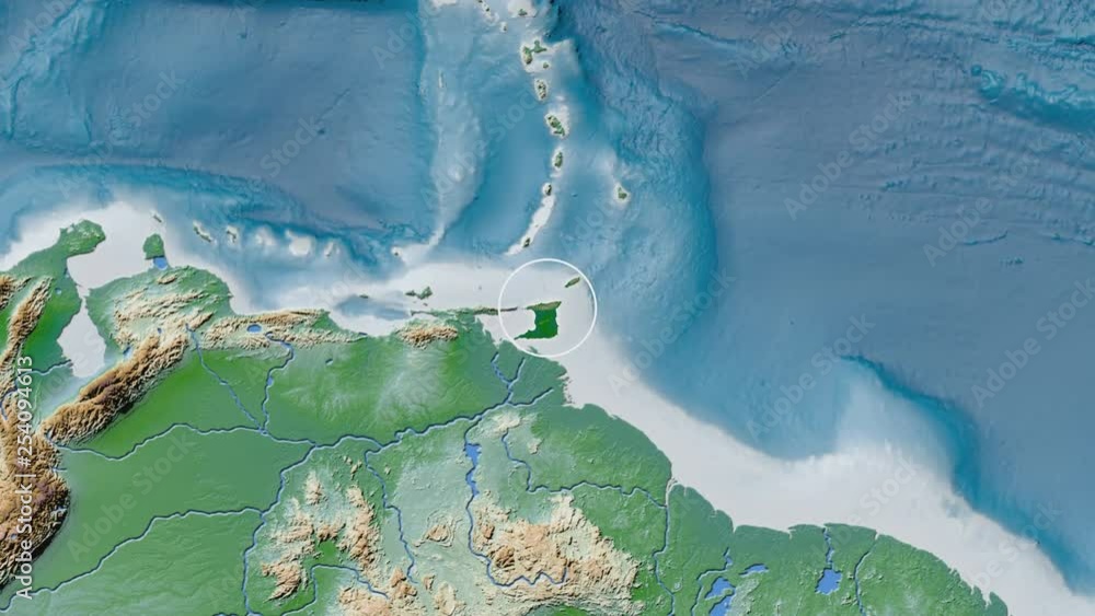 Trinidad And Tobago area presented against the global physical map in ...