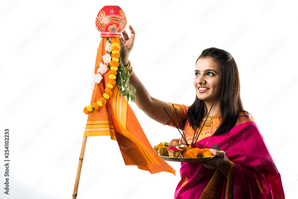 Pretty Women celebrating Gudi Padwa with puja/pooja thali Stock Photo ...