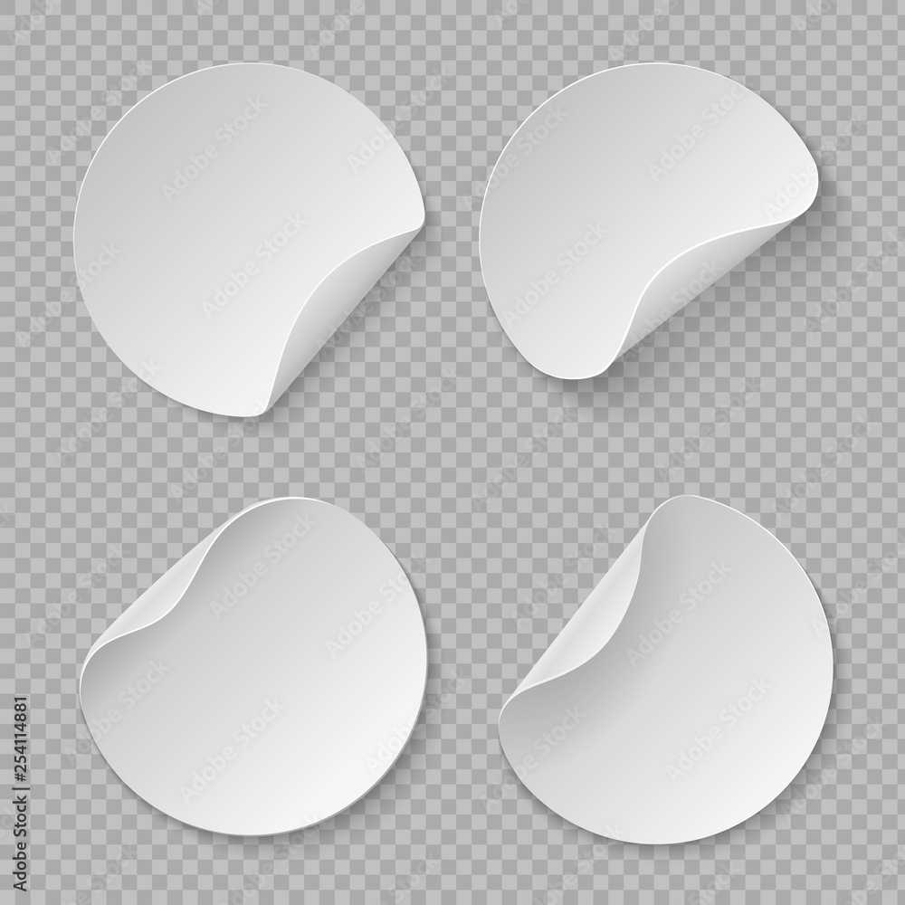 Round sticker mockup. White circle price tag, blank adhesive fold paper ...