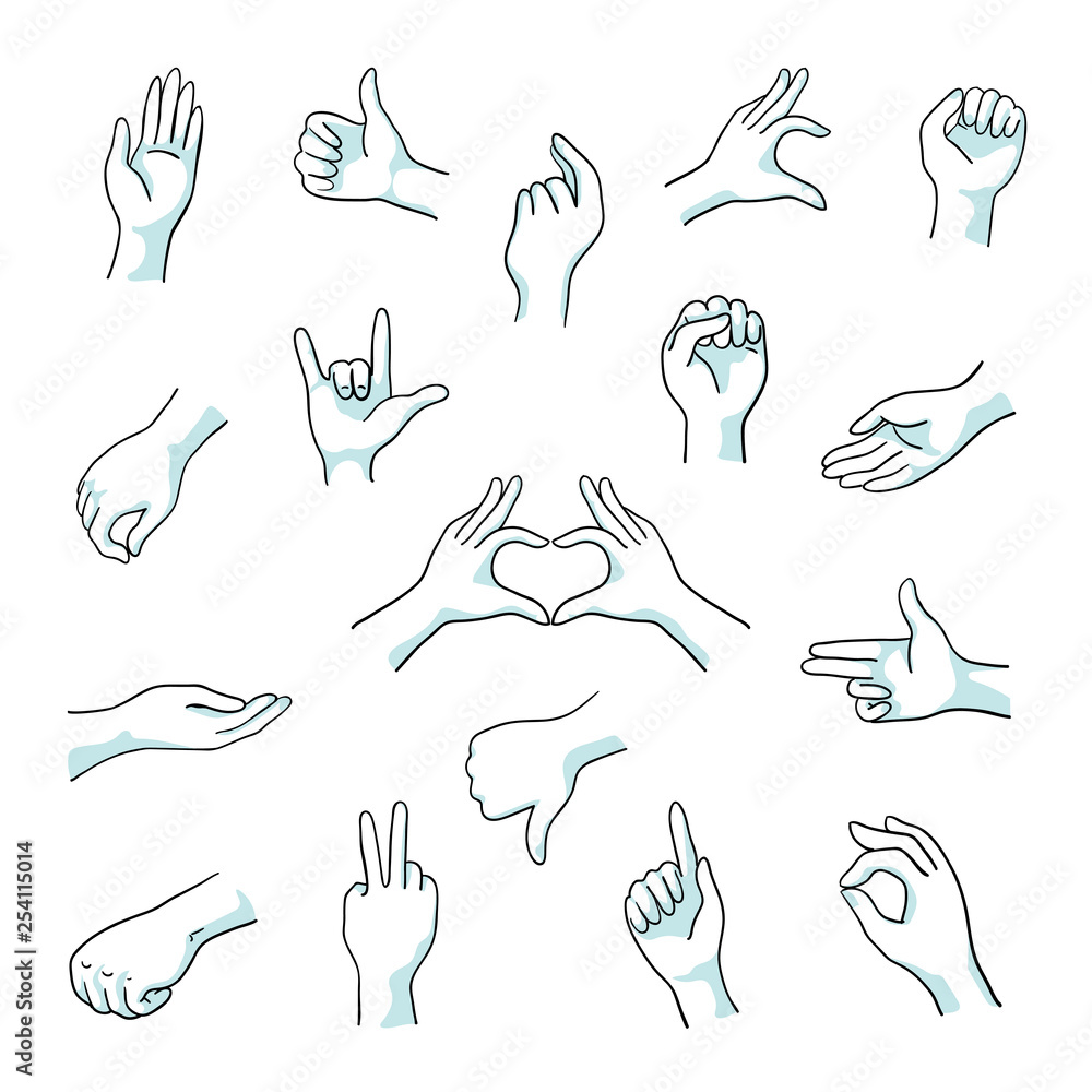 Doodle hand gestures. Finger fist and arm sketch line signs, numbers ...