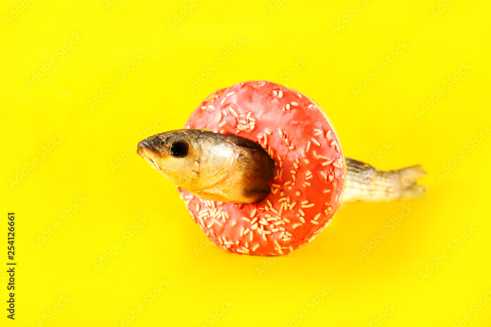 dry fish in a donut on a bright background Stock Photo | Adobe Stock