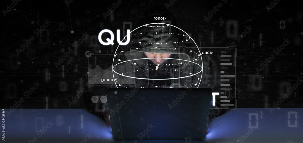 Hacker man holding Quantum computing concept with qubit icon 3d ...