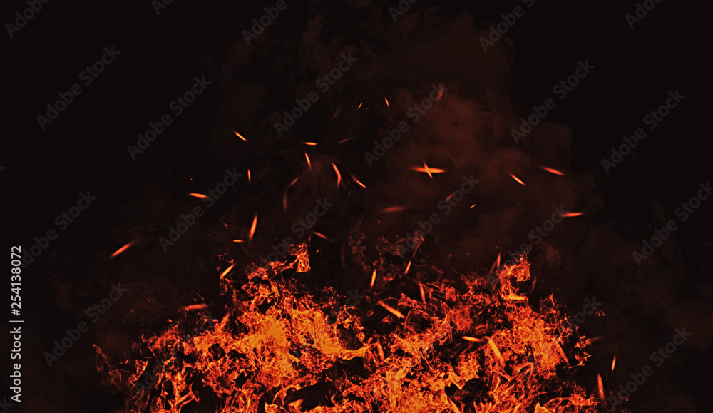 Vintage burn flames with particles embers on isolated black background ...