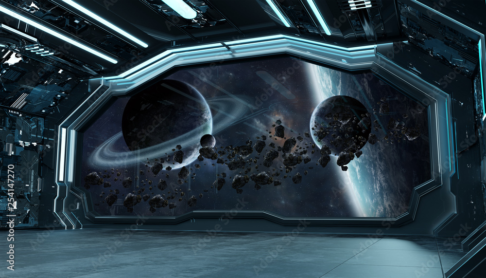 Dark blue spaceship futuristic interior with window view on space and ...