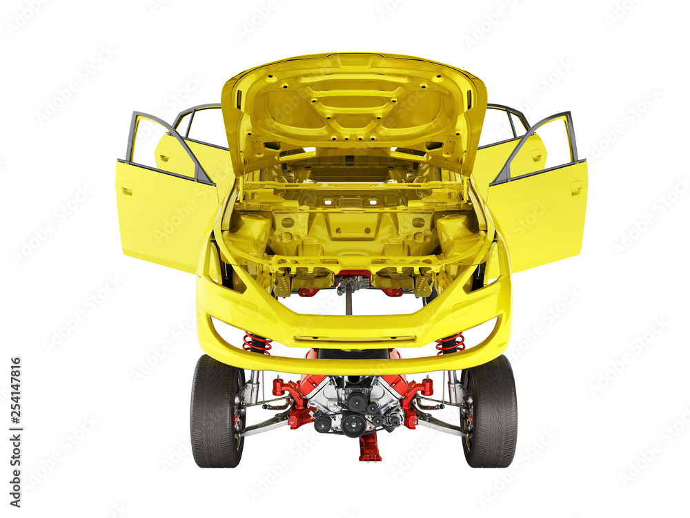 Body and suspension of the car with wheel and engine Undercarriage with ...