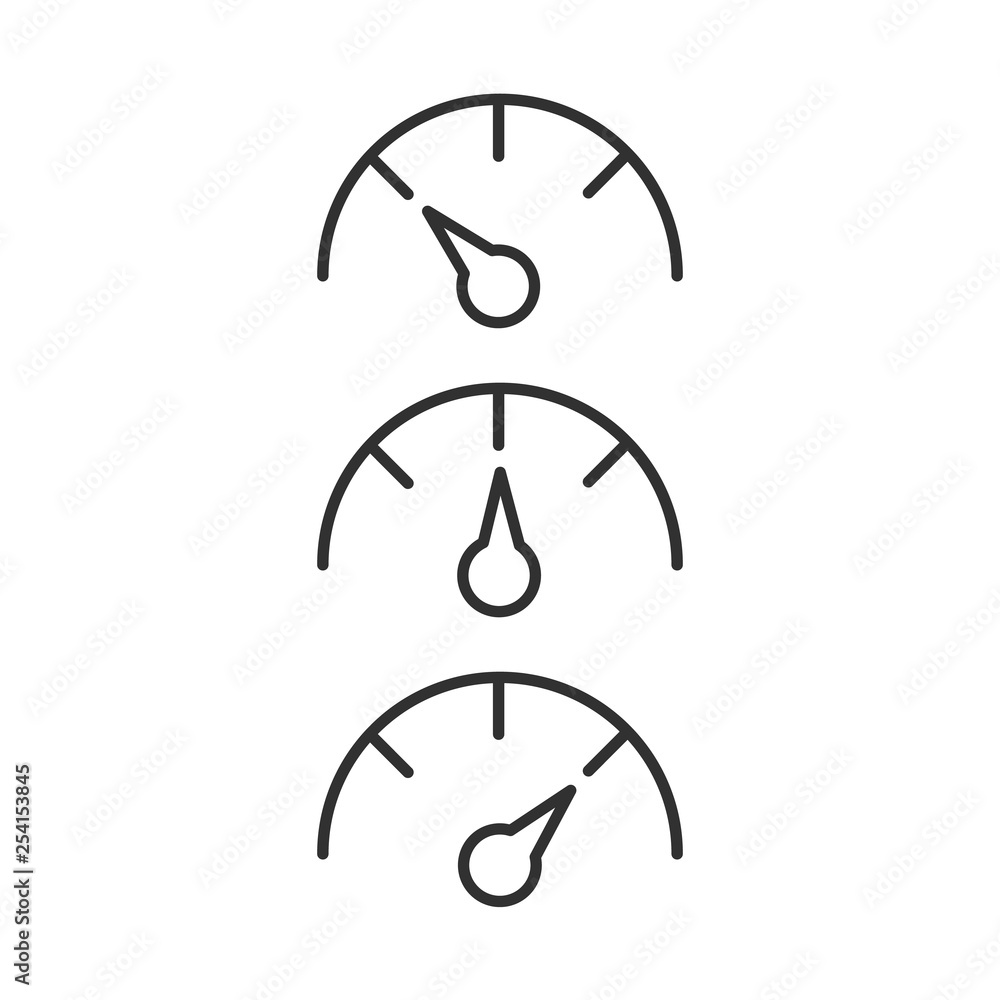 Gauge or Speedometer line icon set shows different values, data and ...