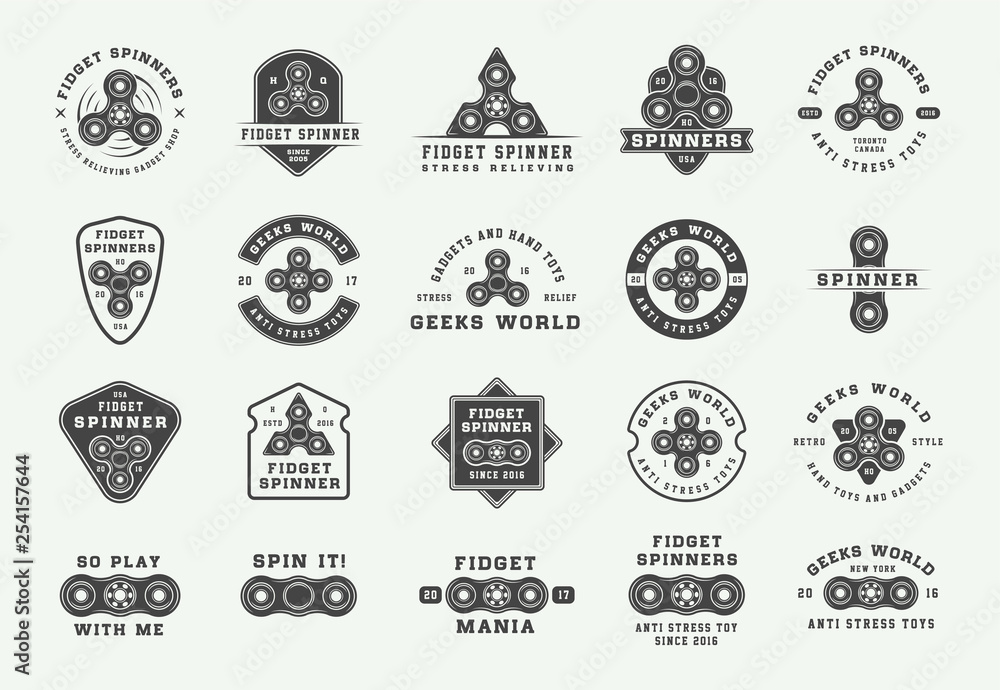 Set of vintage fidget spinners logos, emblems, badges and motivational ...