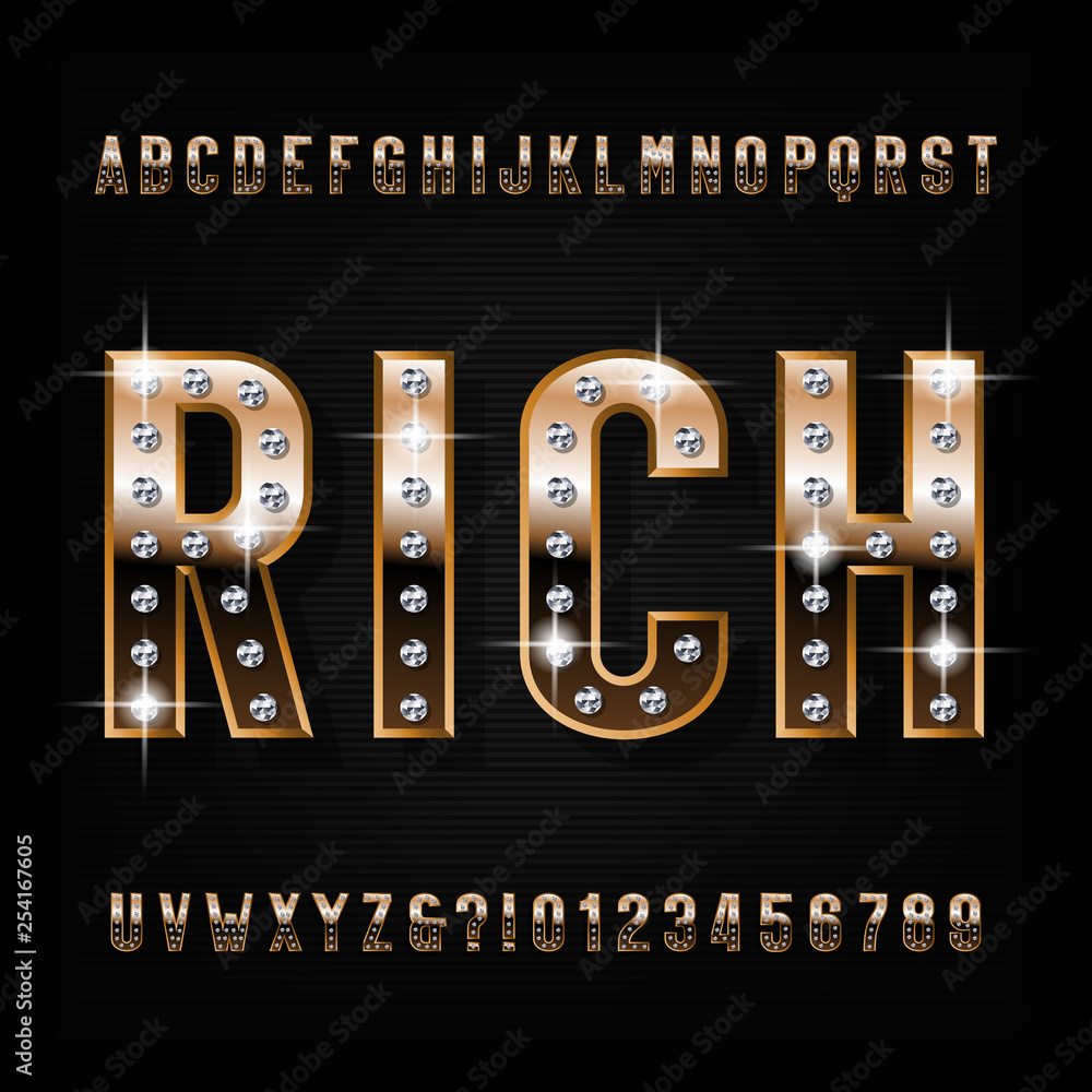 Rich alphabet font. Ornate golden beveled letters and numbers with ...