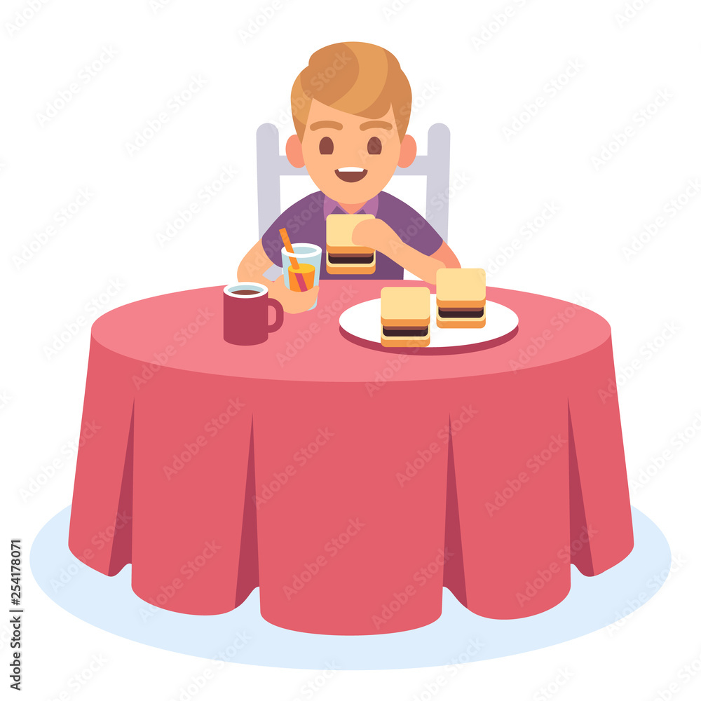 Kid eat. Child eating cooked breakfast dinner lunch, health food drink ...