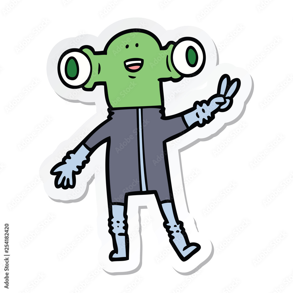 sticker of a friendly cartoon alien giving peace sign Stock Vector ...