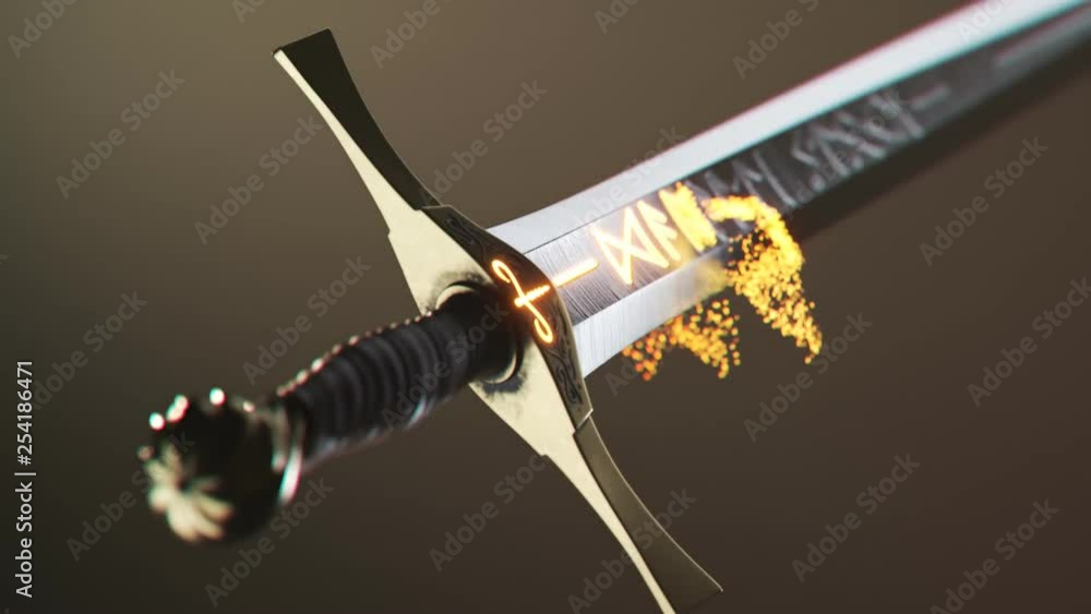 Ancient runic enchanted sword slowly gaining its power. Fire particle ...