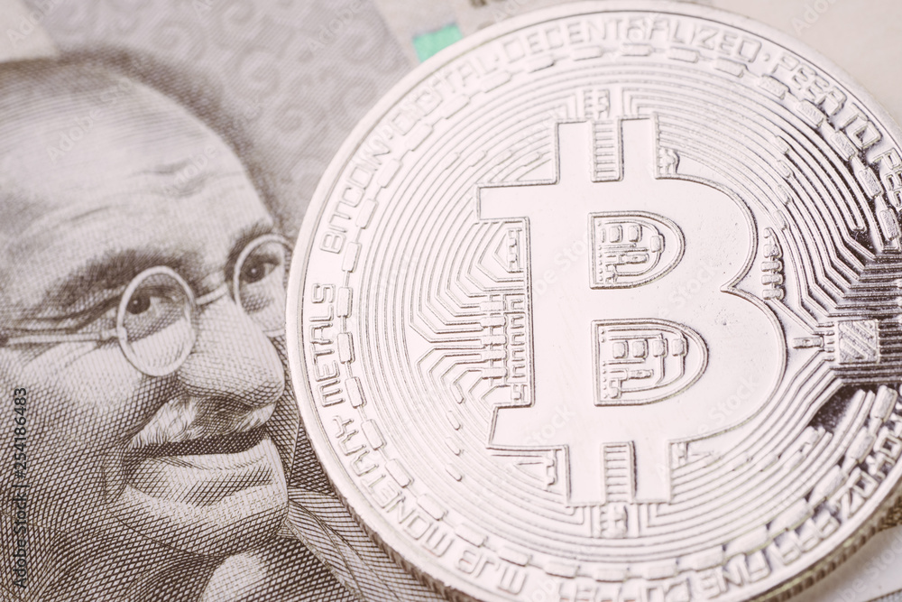 Bitcoin crypto currency, digital money in India concept, closed up shot ...