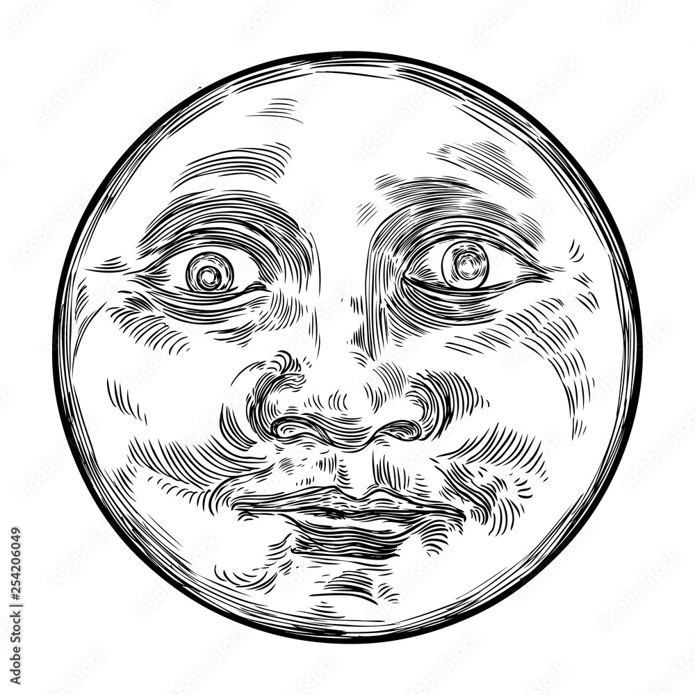 Hand drawn sketch of moon human like face or anthropomorphic planet in ...