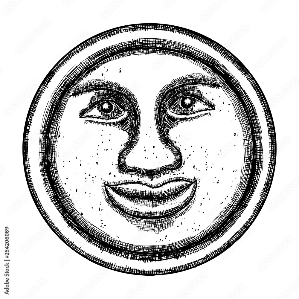 Hand drawn sketch of moon human like face or anthropomorphic planet in ...
