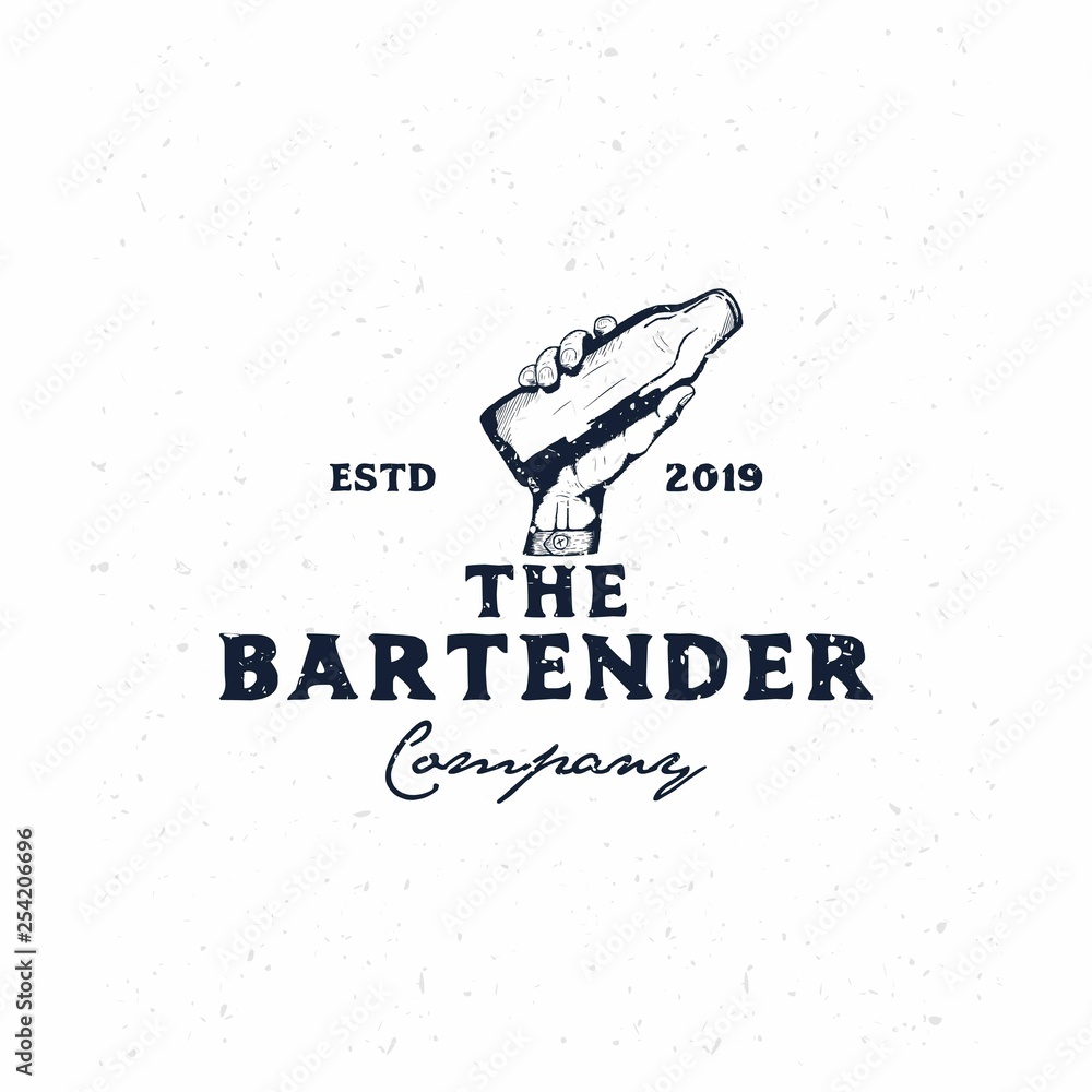 bartender vintage logo template,hand holding bottle hand drawn logo ...
