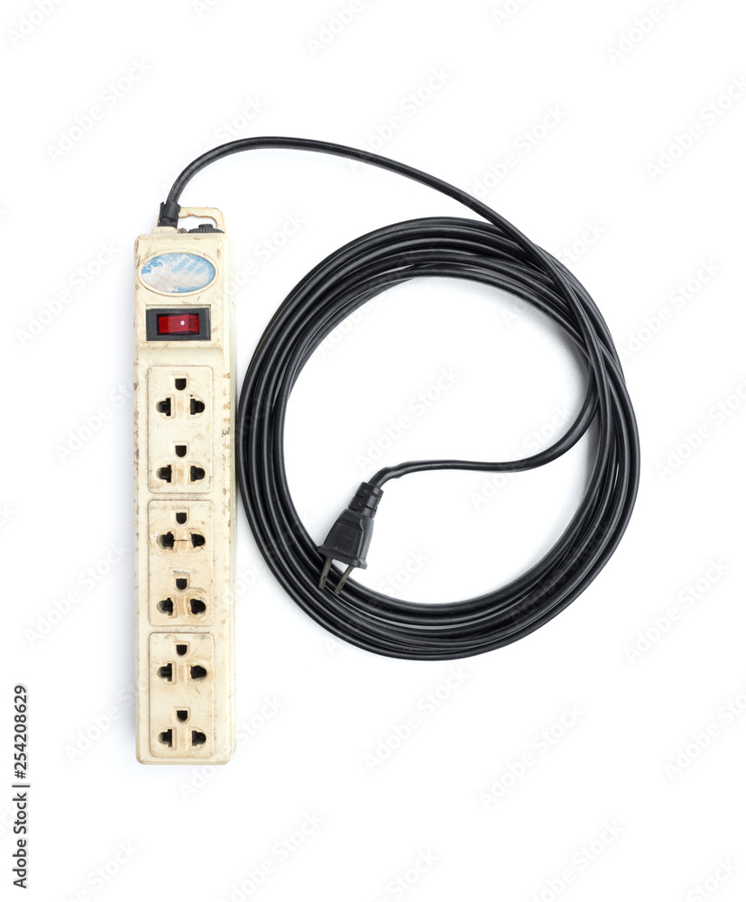 Old and not safe power strip with illuminated switch isolated on white ...
