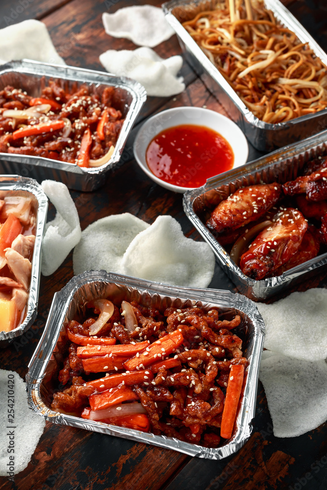 Chinese takeaway food. Crispy shredded beef, sweet and sour chicken ...