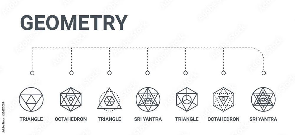 simple set of 7 line icons such as sri yantra, octahedron, triangle ...