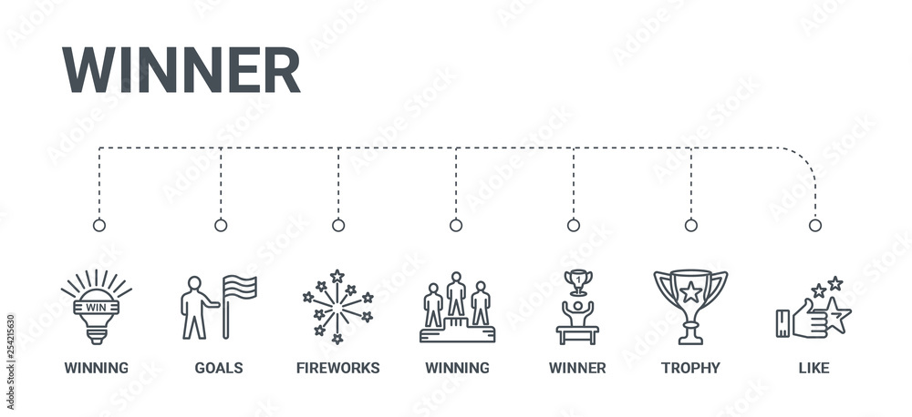 simple set of 7 line icons such as like, trophy, winner, winning ...