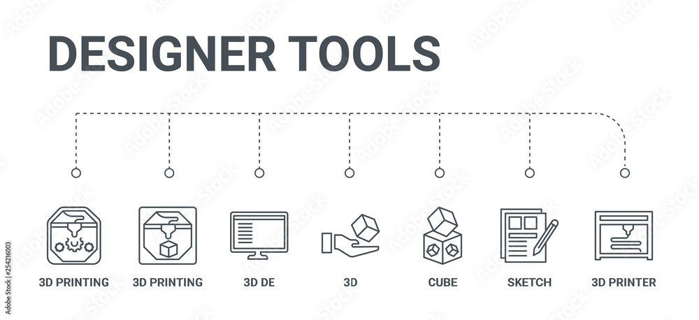 simple set of 7 line icons such as 3d printer, sketch, cube, 3d, 3d de ...