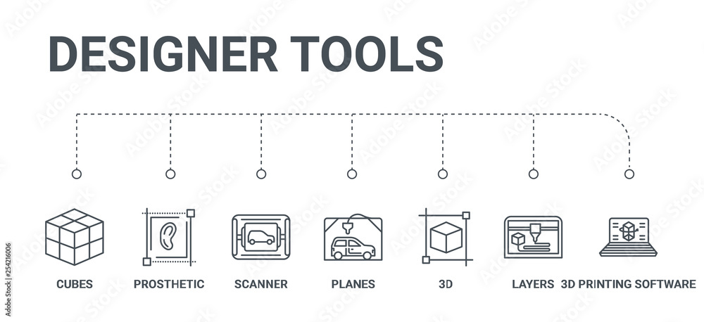 simple set of 7 line icons such as 3d printing software, layers, 3d ...
