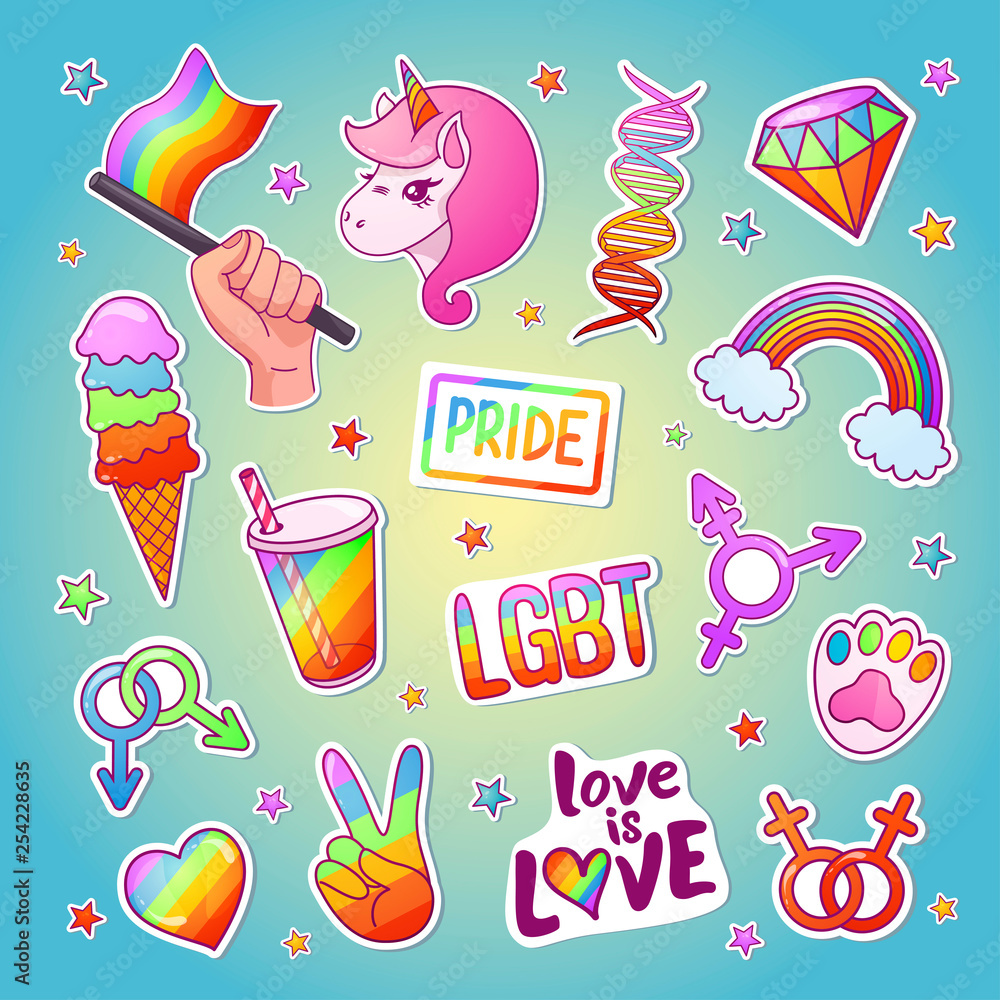 Lgbt bright sticker set with traditional emblems Stock Vector | Adobe Stock