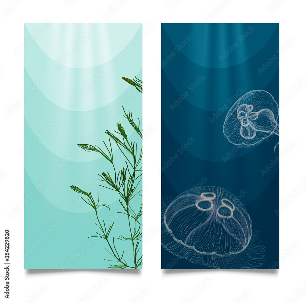 Underwater/undersea diving banner or poster set. Hand drawn vector ...
