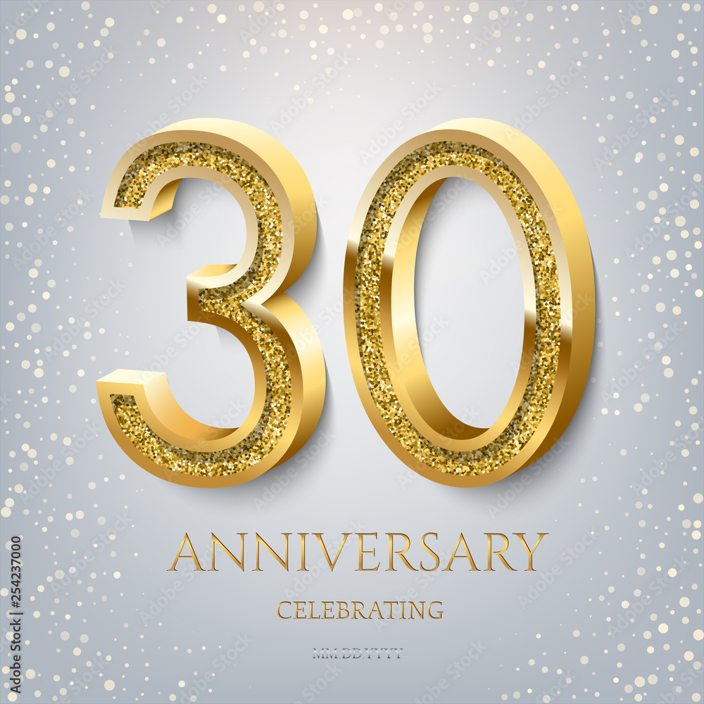 30th Anniversary Celebrating golden text and confetti on light blue ...