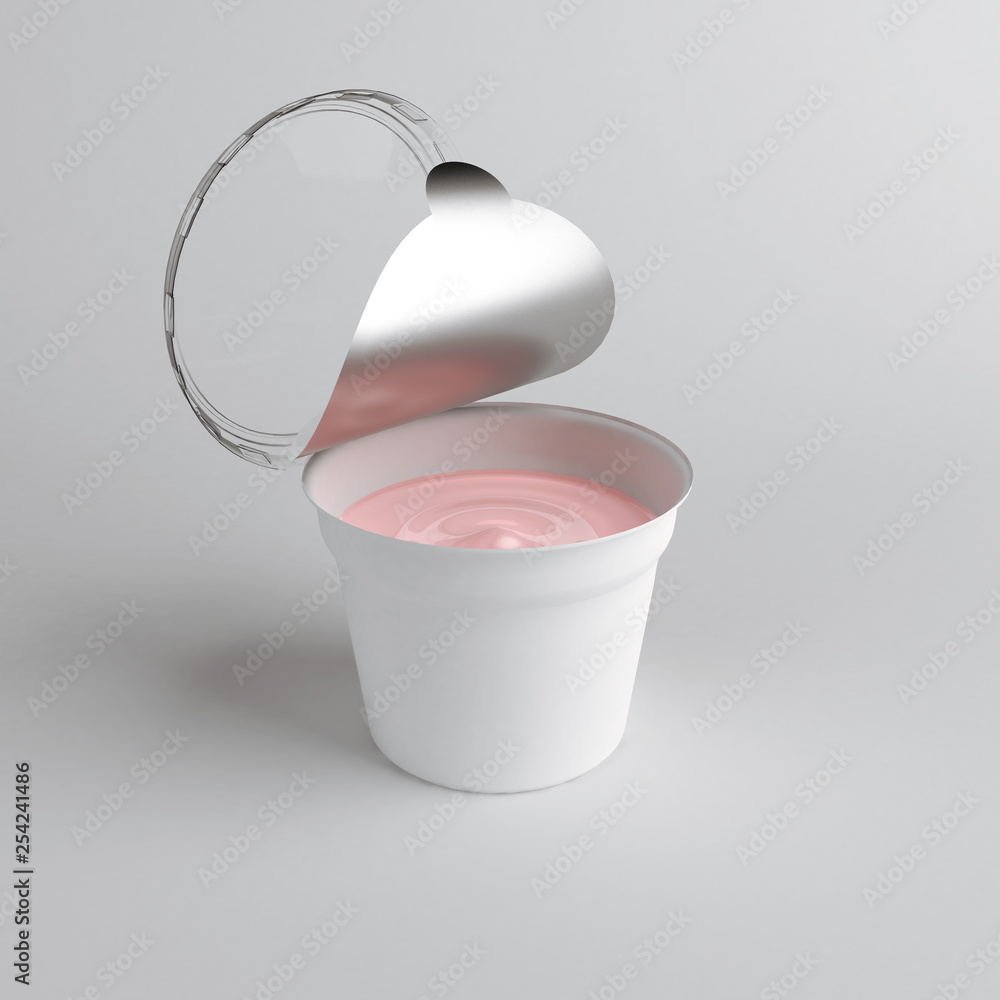 3D rendering open plastic tub with foil lid container for dessert ...