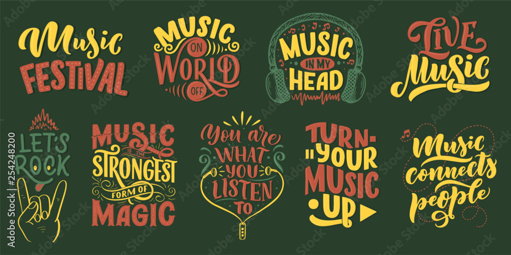 Set with inspirational quotes about music. Hand drawn vintage ...