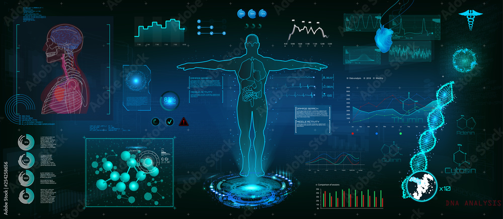 Modern medical examination HUD style. Human body scan (Anatomy, Ecg ...