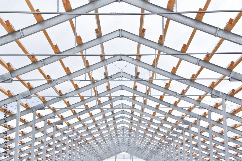 Structure of steel for building construction with wooden beams Stock ...