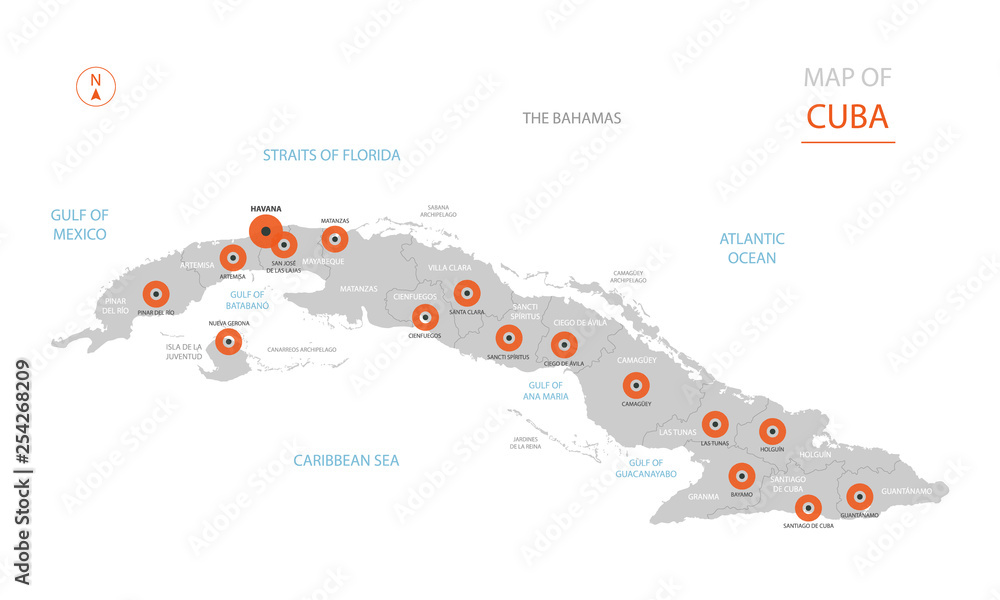 Stylized vector Cuba map showing big cities, capital Havana ...