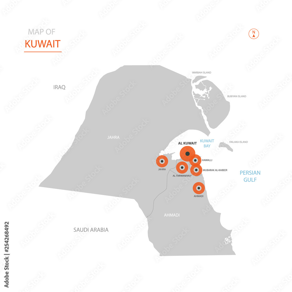 Stylized vector Kuwait map showing big cities, capital Kuwait City ...