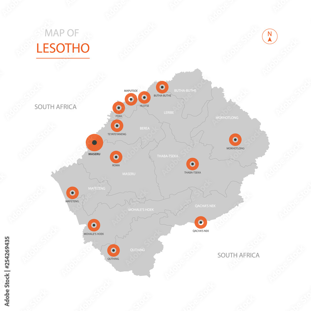 Stylized vector Lesotho map showing big cities, capital Maseru ...