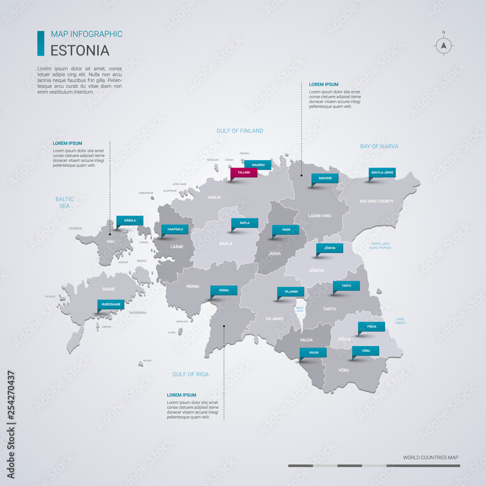 Estonia vector map with infographic elements, pointer marks. Stock ...